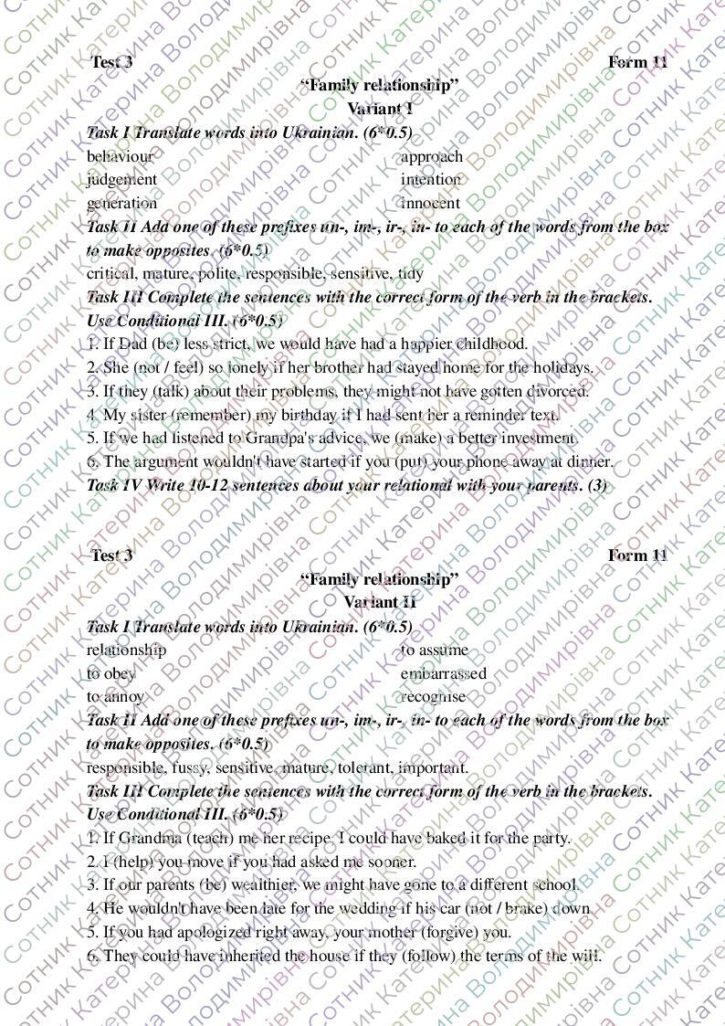 Test 3 "Family relationship" Form 11 | Тест. Англійська мова