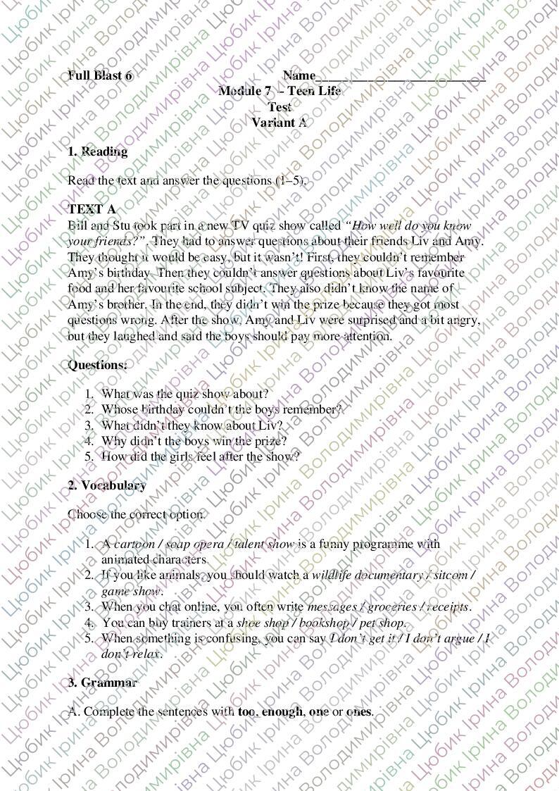 Full Blast 6 Module 7 Teen Life Діагностувальна робота | Тест. Англійська мова