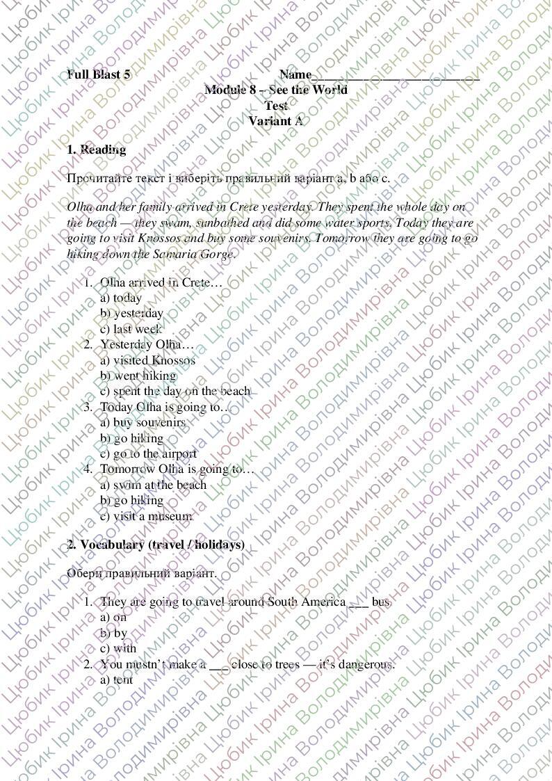 Full Blast 5 Module 8 See the World Діагностувальна робота | Тест. Англійська мова