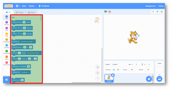 Вікно середовища програмування Scratch3 | Тест на 12 запитань. Інформатика
