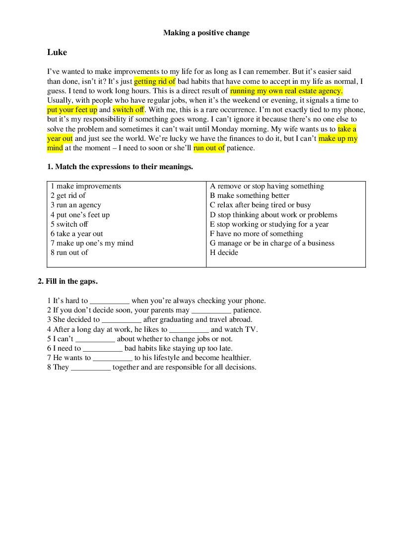 Making a positive change. Phrasal verbs. Idioms. | Конспект. Англійська ...