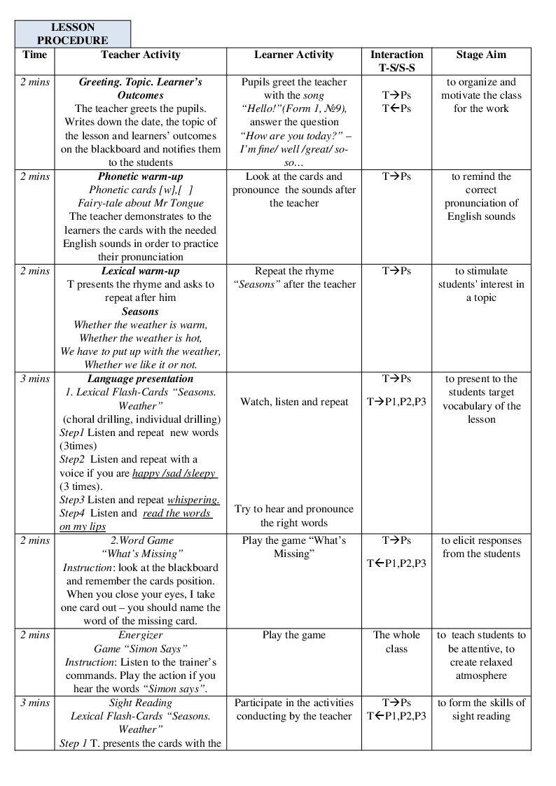 LESSON PLAN “Seasons and Typical Weather” (Form 2) | . Англійська мова