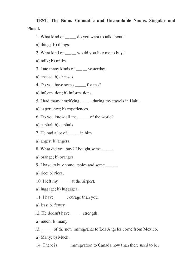 The Noun. Countable and Uncountable Nouns. Singular and Plural. 1 ...