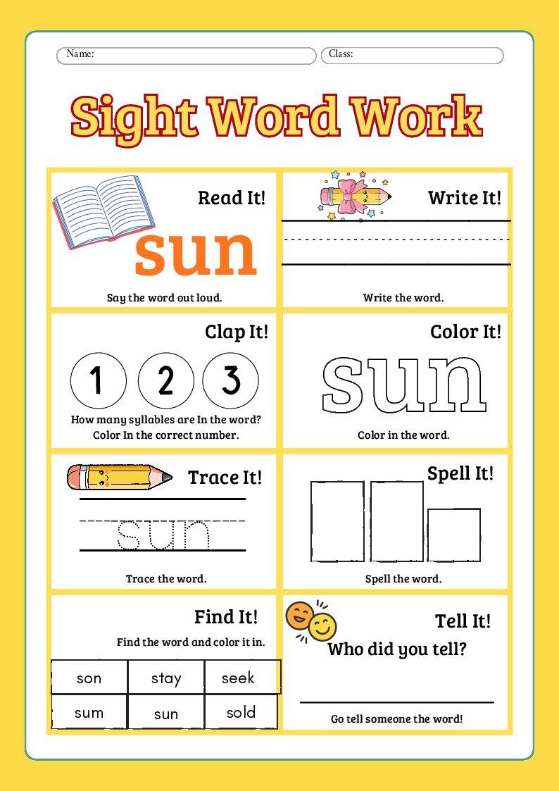 Sight Word Work: Sun | Інші матеріали. Англійська мова