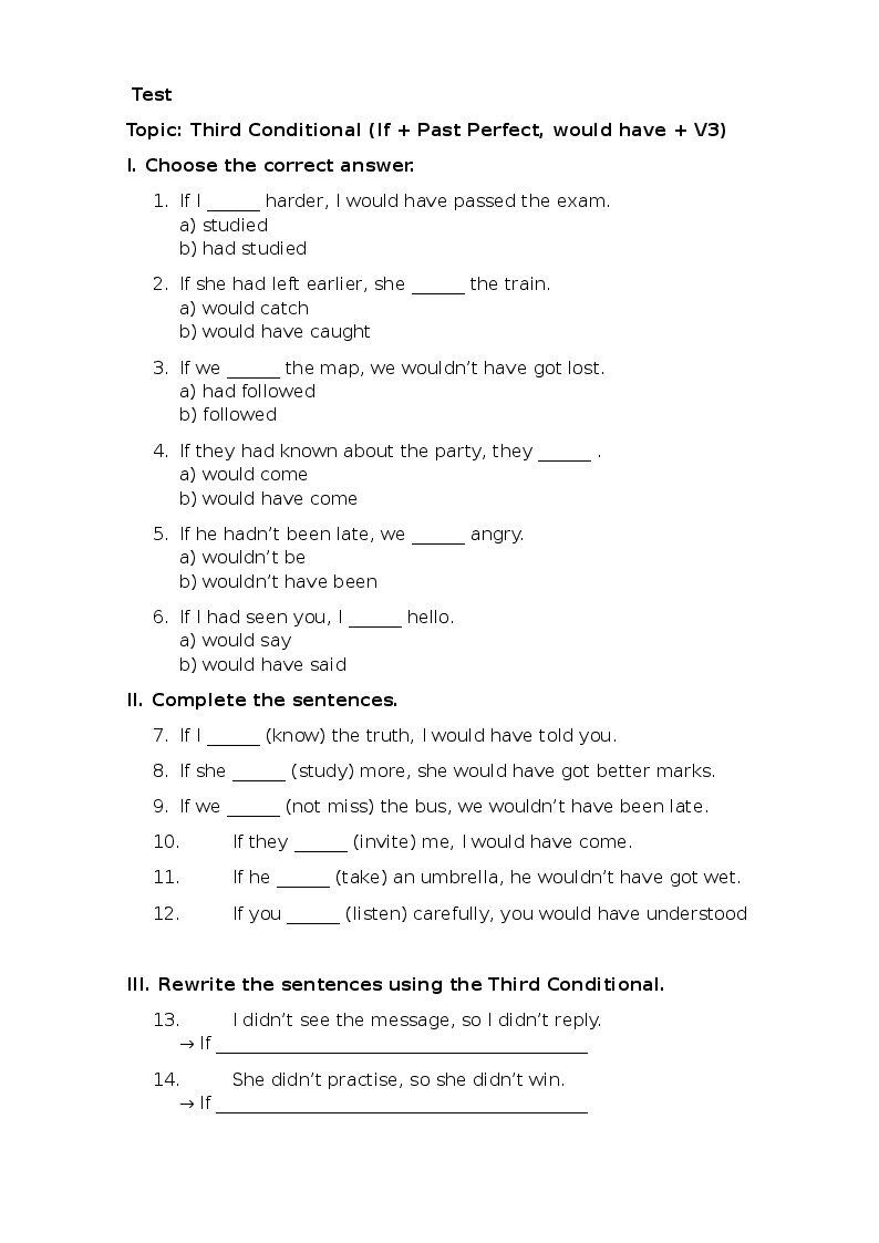 Third Conditional (If + Past Perfect, would have + V3) | Тест ...