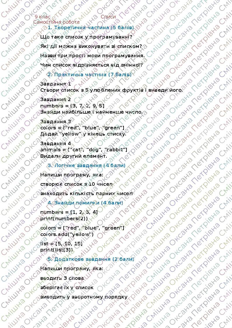 Самостійна робота з інформатики (Python): «Списки та операції з ними ...