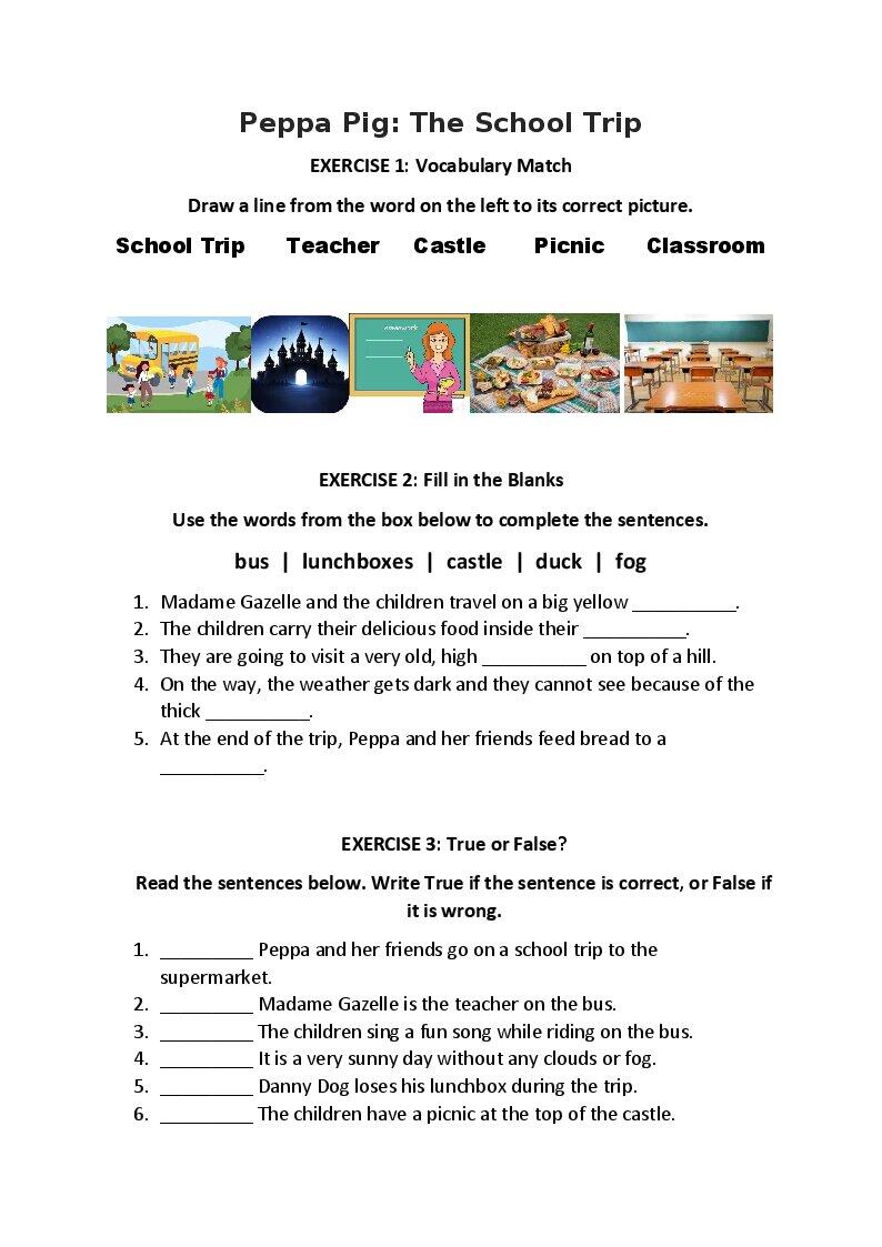 VIDEO ZONE: Peppa Pig Goes on a School Trip. Cartoon Worksheet ...