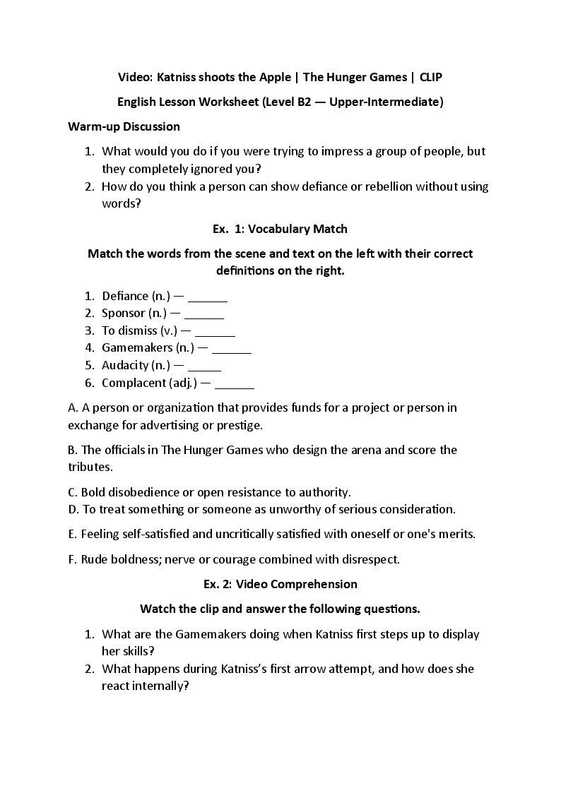 The Hunger Games: Katniss Shoots the Apple. English Lesson Worksheet ...