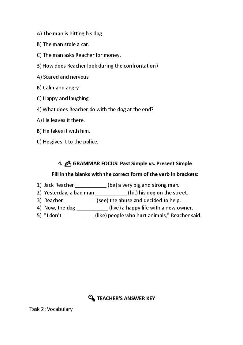 ENGLISH LESSON WORKSHEET: REACHER VS. DOG ABUSER. Level: A2 (Elementary ...
