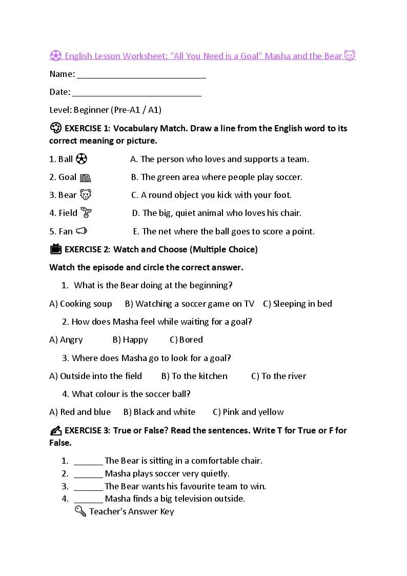 English Lesson Worksheet: "All You Need is a Goal" Masha and the Bear ...